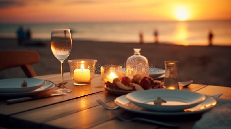 Romantic Dinner Setting on the Beach at Sunset Stock Illustration ...