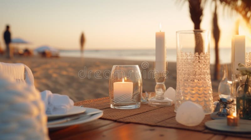 Romantic Dinner Setting on the Beach at Sunset Stock Illustration ...