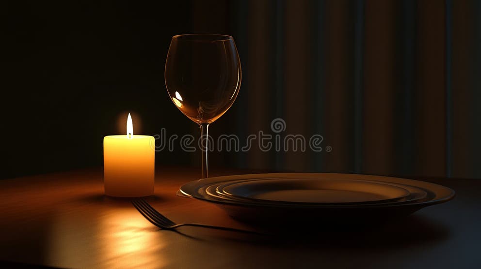 Romantic Dinner Setting Candlelit Table with Plates, Wine Glass, and ...