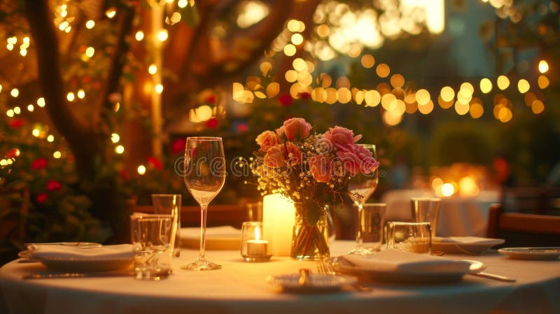 A Romantic Dinner Setting on a Candlelit Terrace, with a Table Adorned ...