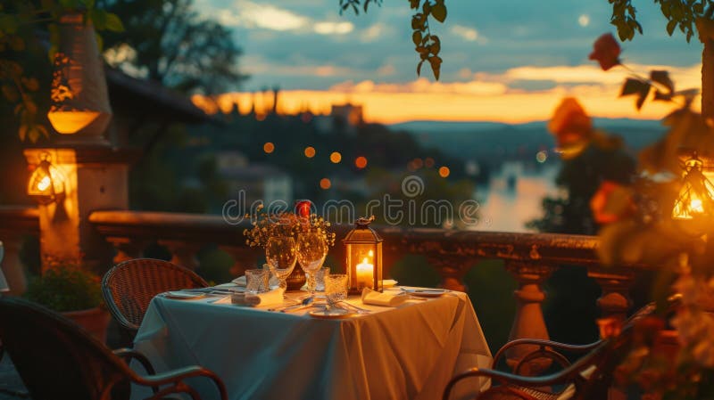 A Romantic Dinner Setting on a Candlelit Terrace, with a Table Adorned ...