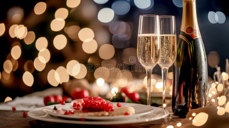 A Romantic Dinner Setting with a Couple Sharing a Bottle of Sparkling ...