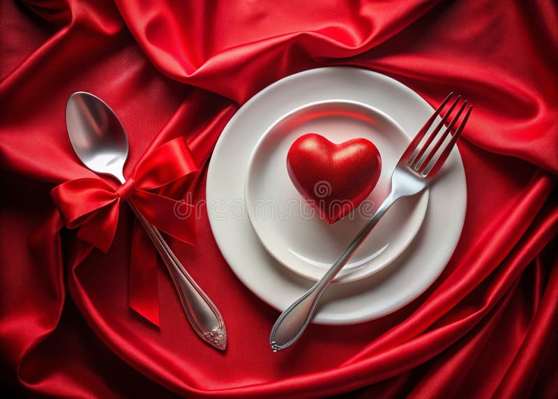 A Romantic Dinner Setting Empty Plate Red Heart and Luxurious Silk ...