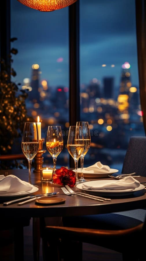Romantic Dinner Setting with Glasses of Champagne, Candles and City ...