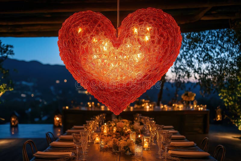 Heart Shaped Chandelier Hanging Over Dinner Table at Night Stock ...