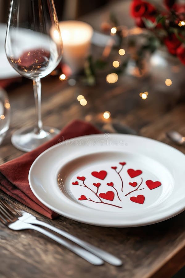 Romantic Dinner Setting with Heart-themed Plate, Elegant Glassware, and ...