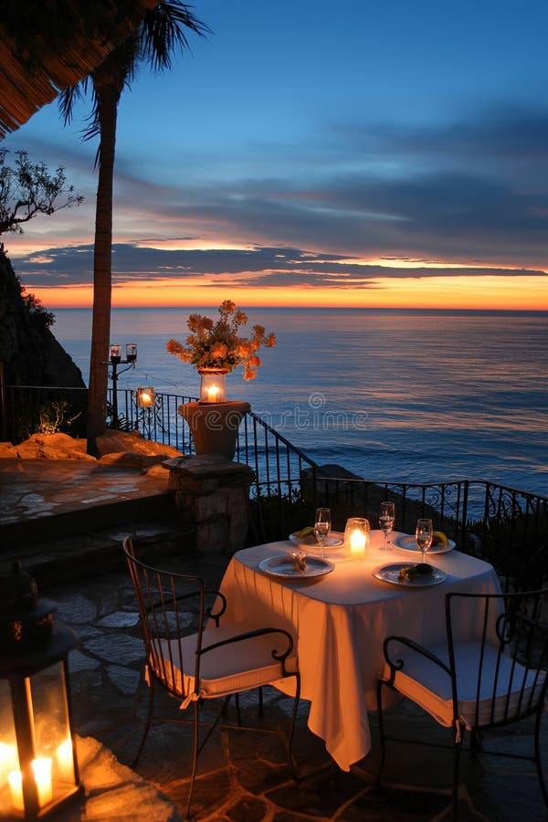 Romantic Dinner Setting Overlooking Ocean at Sunset with Candles Stock ...