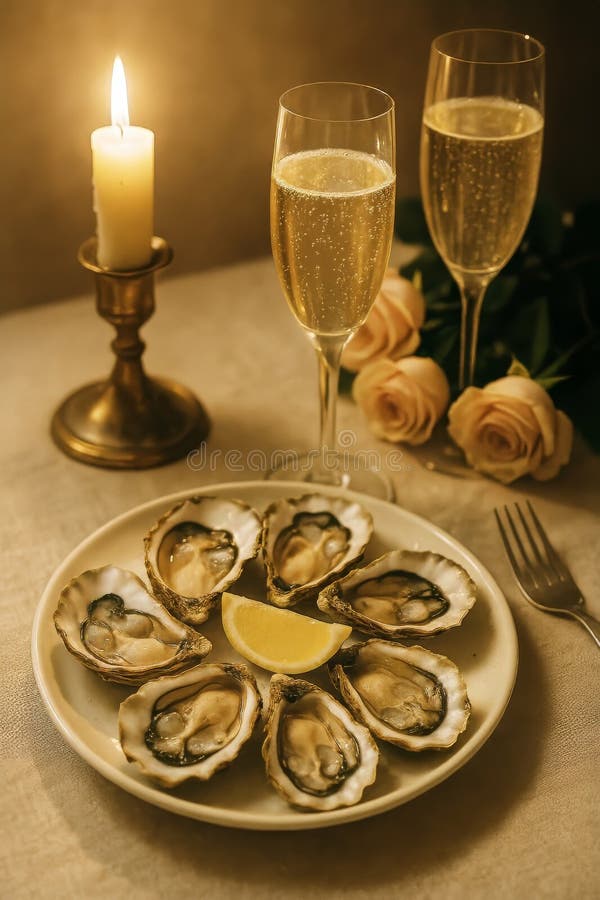 Romantic Dinner Setting with Oysters and Champagne on a Cozy Table at ...