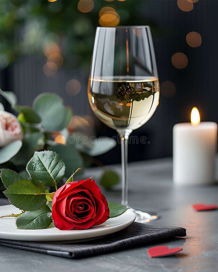 Romantic Valentine S Day Dinner Setting with Rose and Wine Stock ...