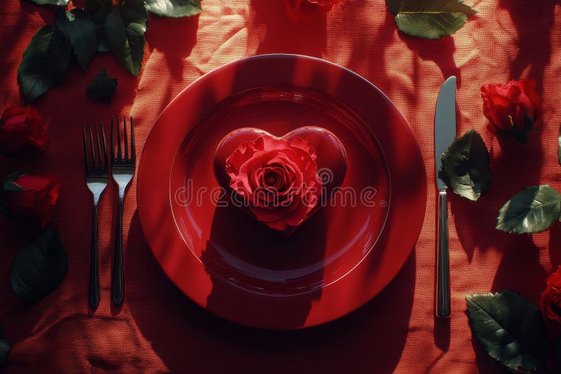 A Romantic Dinner Setting with a Red Rose on a Heart Shaped Plate and ...