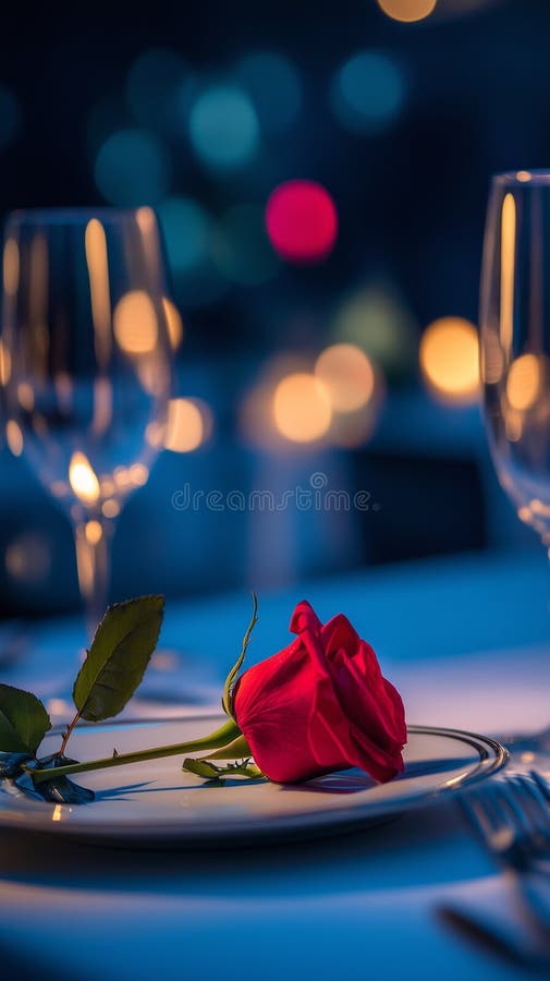 Romantic Dinner Setting with Red Rose on Plate Stock Image - Image of ...