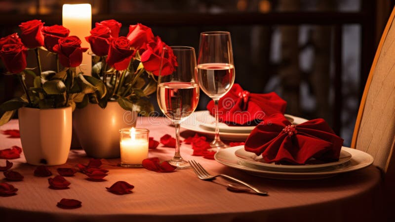 Romantic Dinner Setting with Red Roses and Candles Stock Photo - Image ...