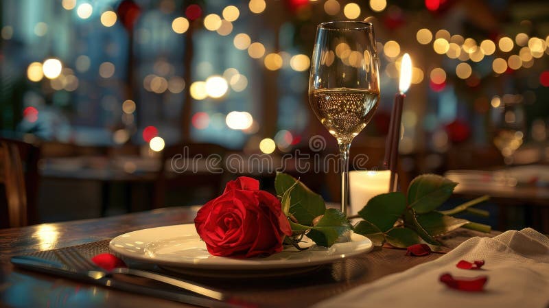 Romantic Dinner Setting with a Rose and Wine Glass in a Softly Lit ...