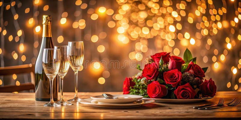 Romantic Dinner Setting with Sparkling Lights and Roses. Generative AI Stock Illustration ...