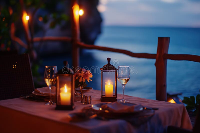 Romantic Dinner Setting for Two with Candles Overlooking the Ocean at Sunset Stock Photo - Image ...