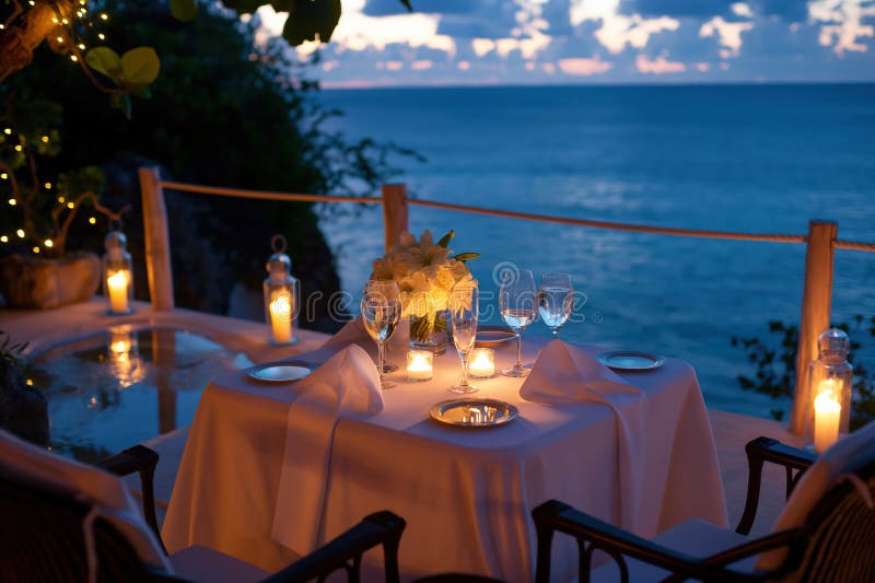 Romantic Dinner Setting for Two Overlooking the Ocean at Sunset Stock Photo - Image of ambiance ...