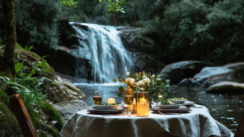 Romantic Dinner Setting by a Waterfall in a Lush Forest Stock ...