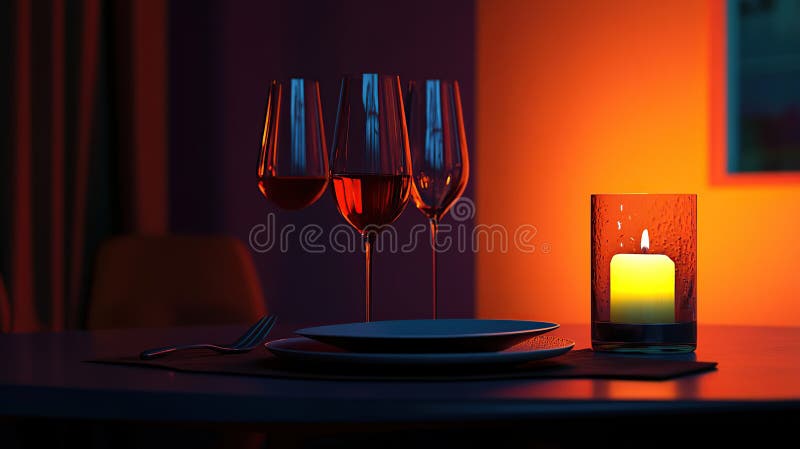 Romantic Dinner Setting with Wine Glasses, Candlelight, and Plates on a ...