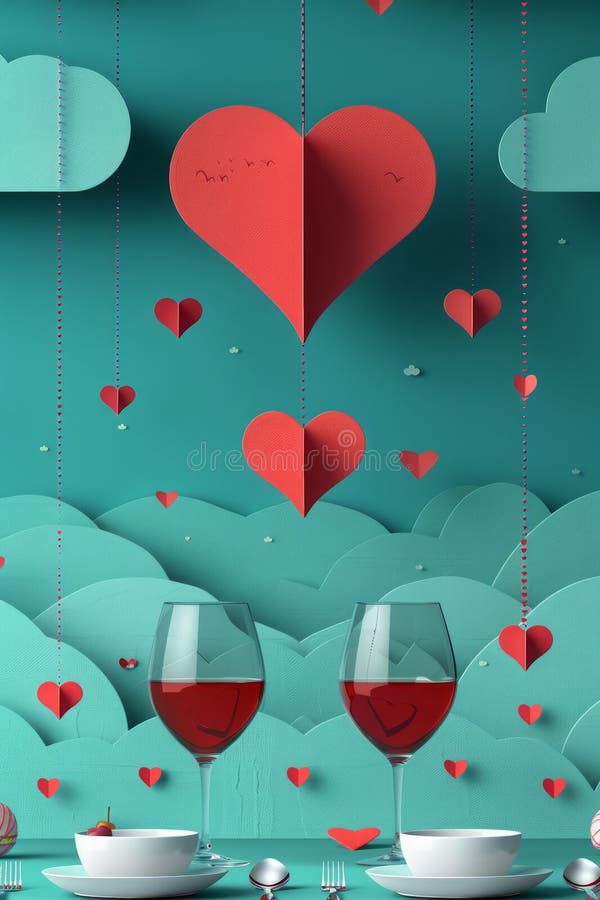Romantic Dinner Setting With Wine Glasses Heart Decorations And Light Blue Cloud Background