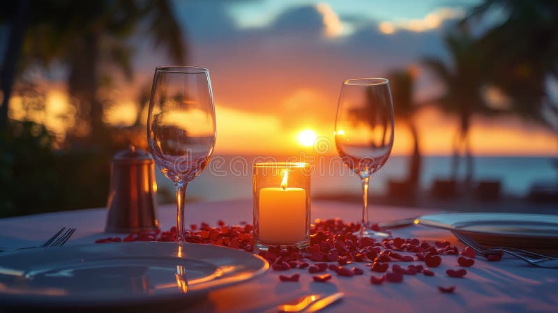 Romantic Dinner Setup by the Beach at Sunset with Wine Glasses and ...