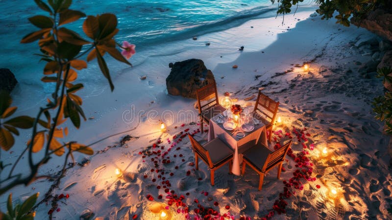 A Romantic Dinner Setup with Candles and Rose Petals on a Secluded ...