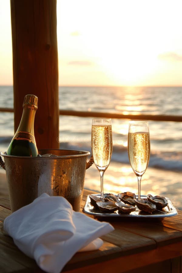 Romantic Dinner Setup with Champagne and Oysters by the Ocean at Sunset ...