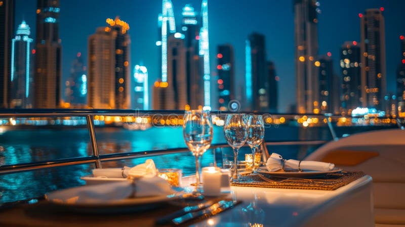 Romantic Dinner Setup with City Lights in the Background Stock ...
