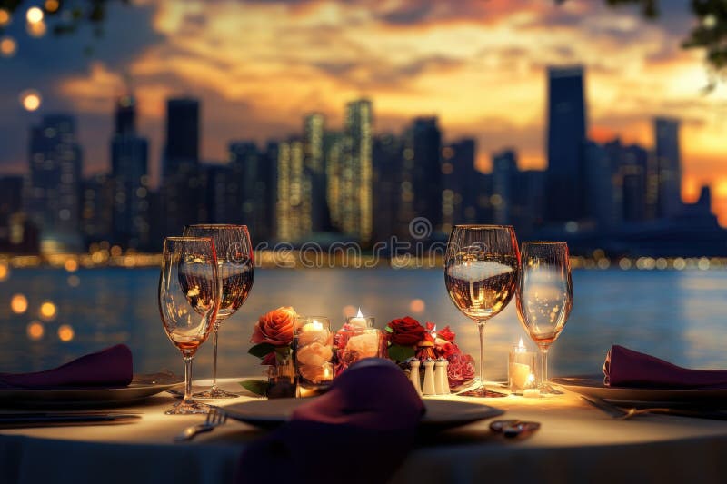 Romantic Dinner Setup with City Skyline and Sunset Backdrop by the ...