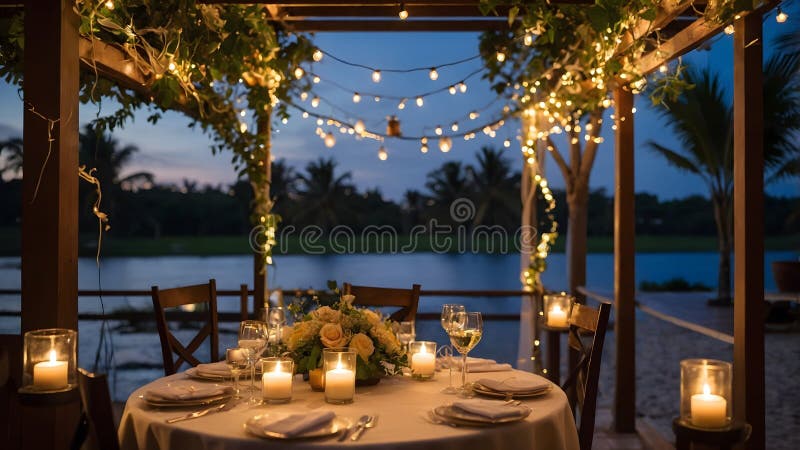 Cozy Dinner for Two with Candlelight Ambiance and Glowing String Lights ...