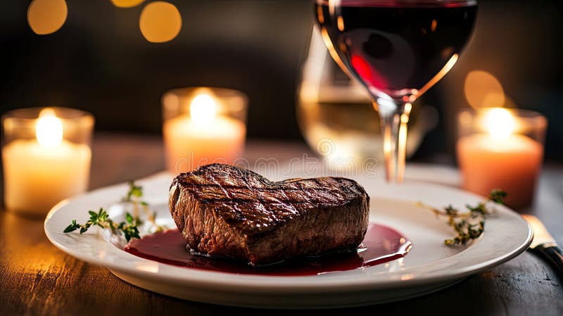 A Romantic Dinner Setup with a Heart-shaped Steak and Red Wine Pairing ...