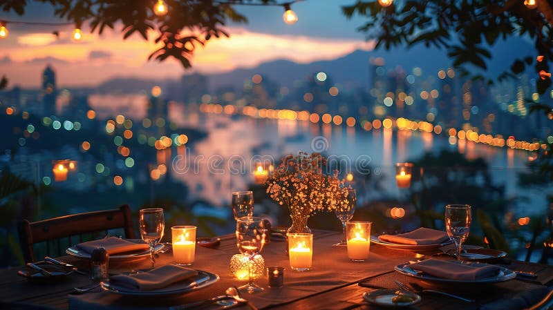 A Romantic Dinner Setup on a Rooftop Terrace, with Flickering Candles ...