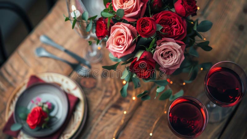 A Romantic Dinner Setup with Wine Glasses and a Bouquet of Roses Stock ...
