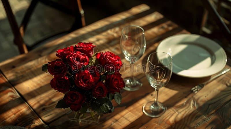 A Romantic Dinner Setup with Wine Glasses and a Bouquet of Roses Stock ...