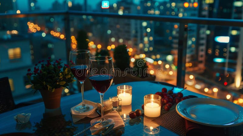 A Romantic Dinner Setup with Wine Glasses and Candlelight on a Balcony ...