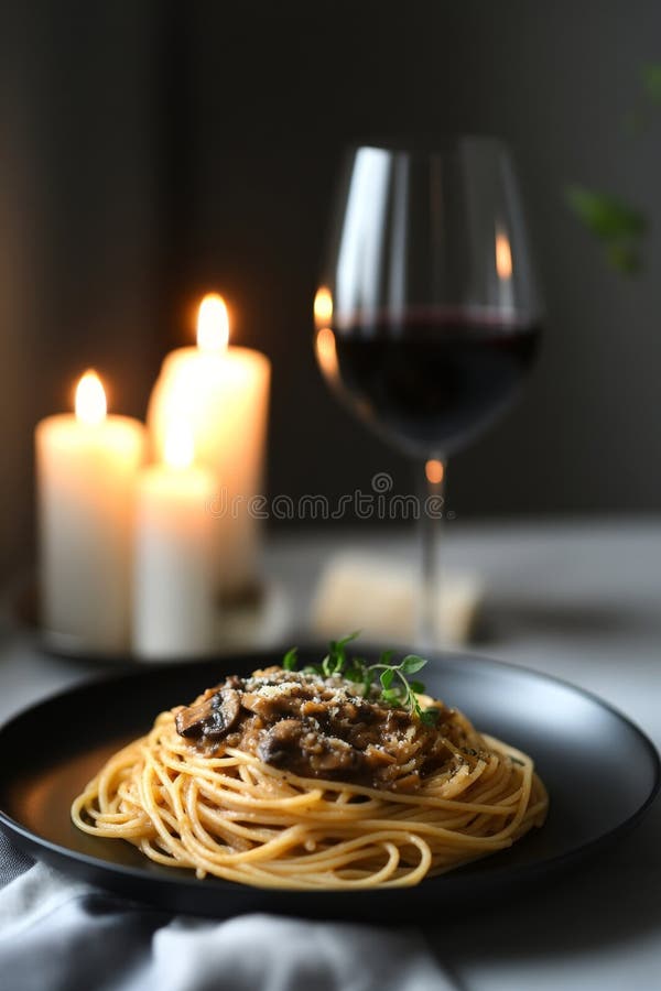 Romantic Dinner with Spaghetti and Wine by Candlelight in an Elegant ...