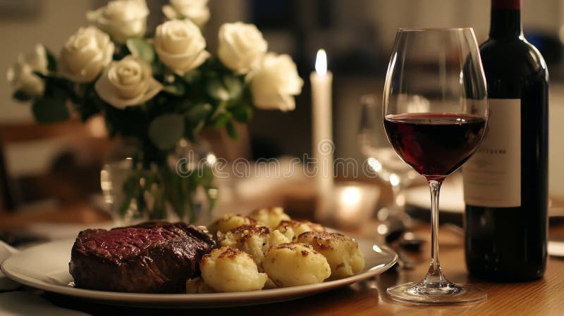 Romantic Dinner with Steak and Red Wine Stock Illustration ...