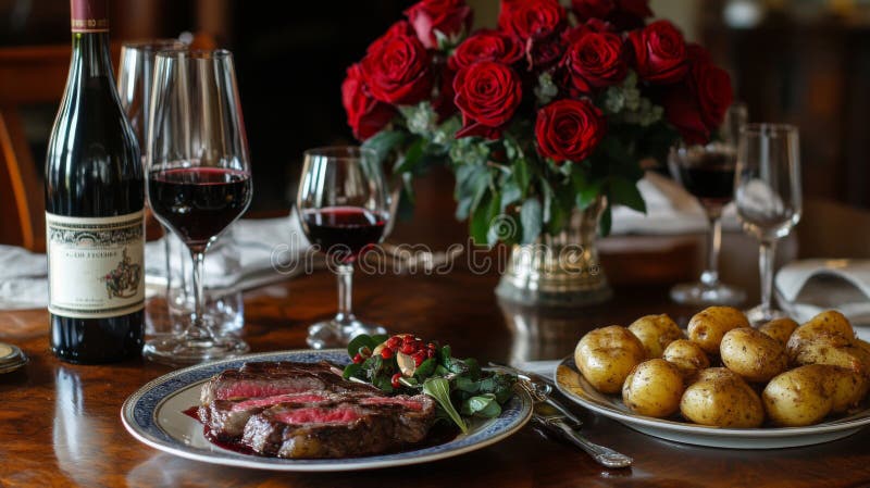 Romantic Dinner with Steak and Red Wine Stock Illustration ...