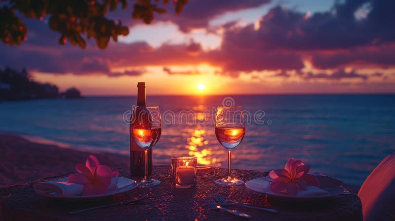 Romantic Dinner at Sunset on the Beach Generative AI Stock Illustration ...