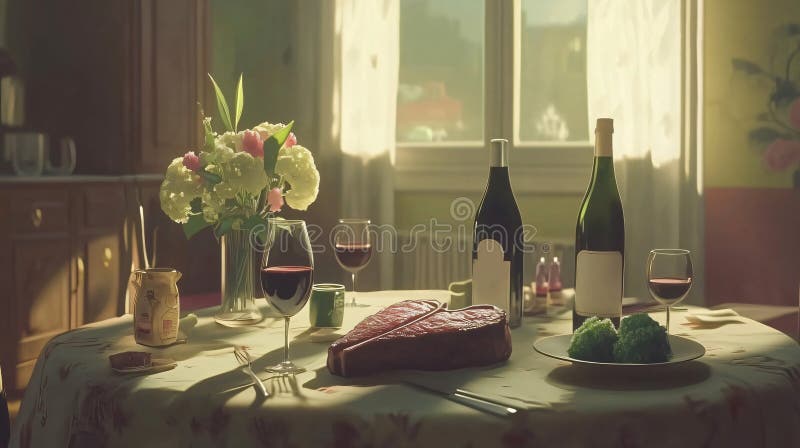 Romantic Dinner with T Bone Steak, Wine, and Flowers, Setting a Table for Two Stock Illustration ...