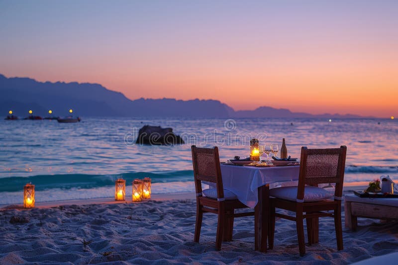 Romantic Dinner Table on Beach at Sunset Stock Photo - Image of ...