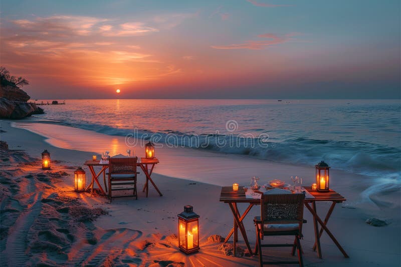 Romantic Dinner Table on Beach at Sunset Stock Photo - Image of evening ...