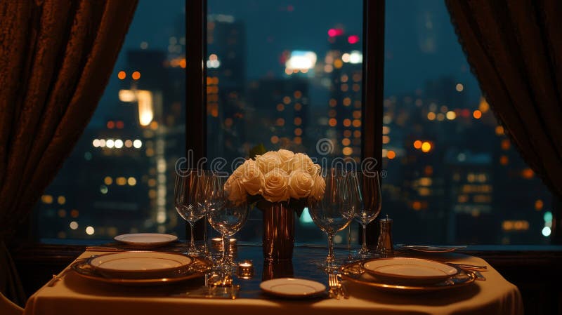 Romantic Dinner Table with City Lights View Stock Illustration ...