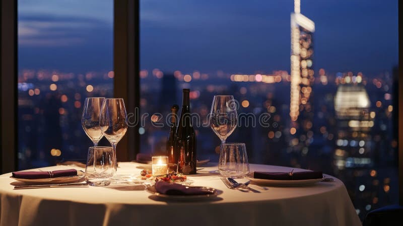 Romantic Dinner Table with Cityscape View at Night Stock Illustration ...