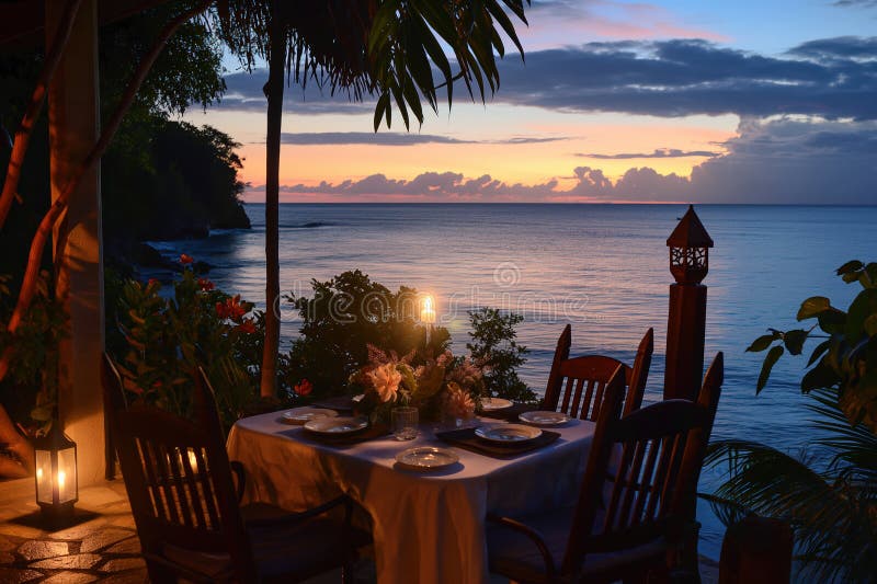 Romantic Dinner Table with Ocean View at Sunset Stock Photo - Image of ...