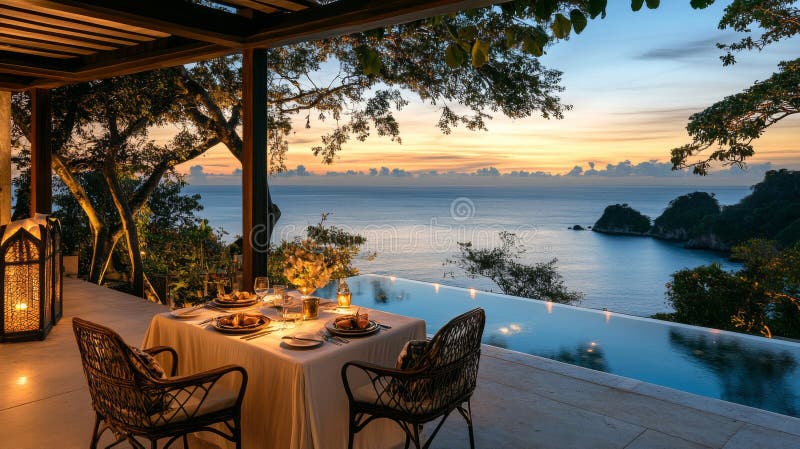 Romantic Dinner Table Overlooking an Ocean Sunset with Infinity Pool ...