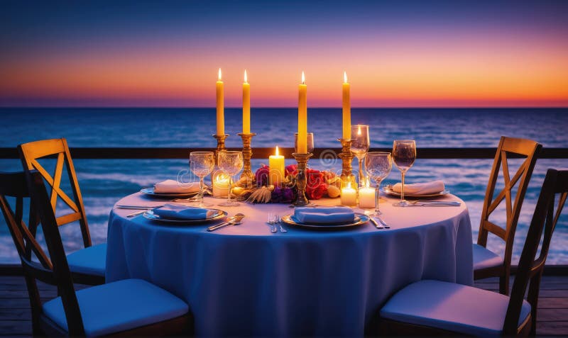 A Romantic Dinner Table Set for Two on a Beach Deck at Sunset Stock ...