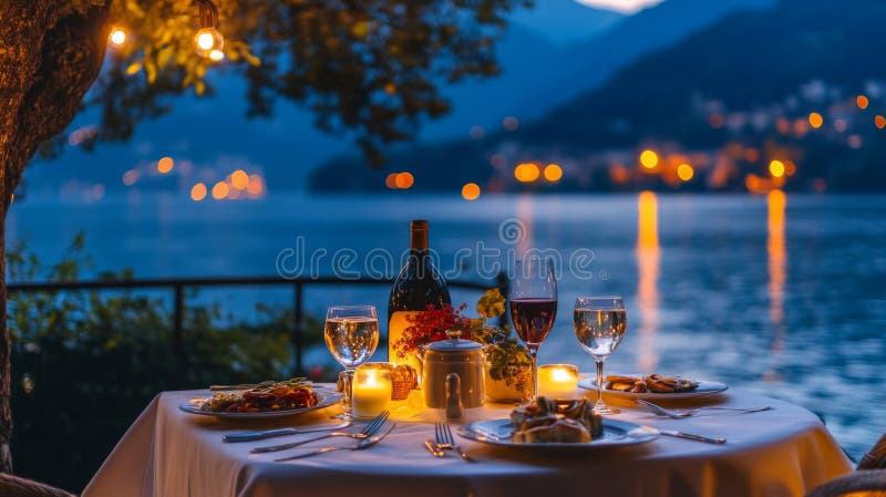 Romantic Dinner Table Set for Two by the Water at Sunset Stock ...