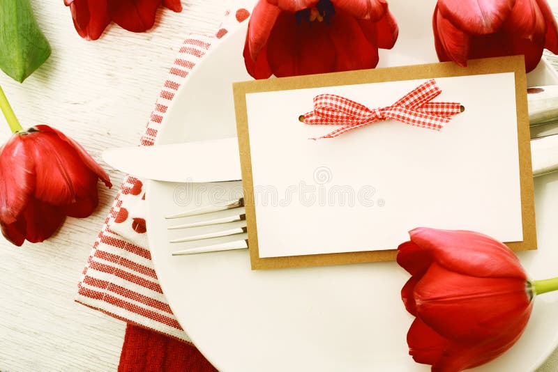 Romantic Dinner Table Setting with Blank Note Card Stock Photo - Image ...