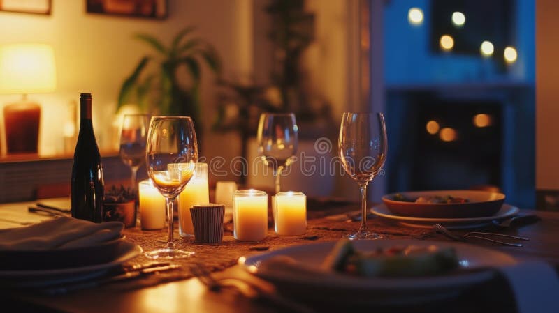 Romantic Dinner Table Setting with Candlelight and Wine Stock ...