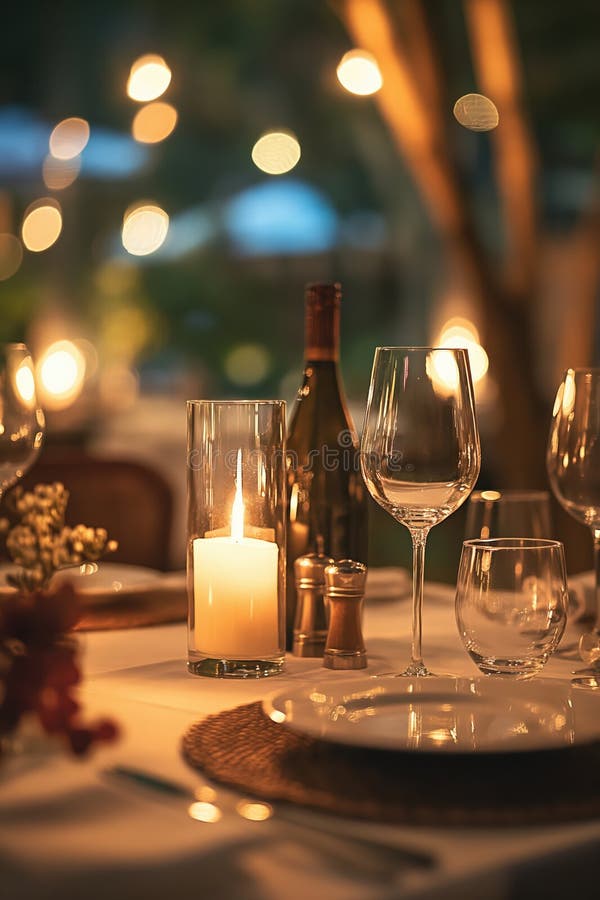 Romantic Dinner Table Setting with Candlelight and Wine Bottle Stock ...